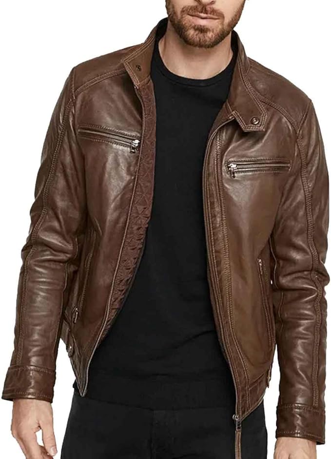 Aziz Brown Luxury Leather Jacket with Hood Men 100% Pure Motorcycle ...